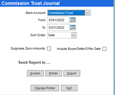 Print the commission trust journal (Back Office)