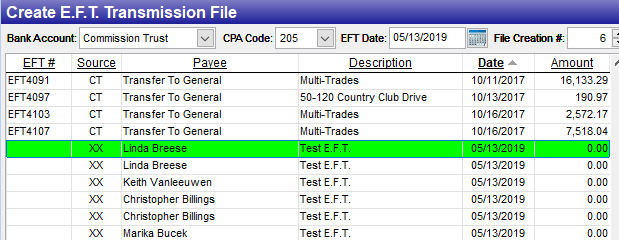 Create an Electronic Funds Transfer (EFT) test file (Back Office)