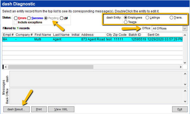 Review dash transmission results (Back Office)