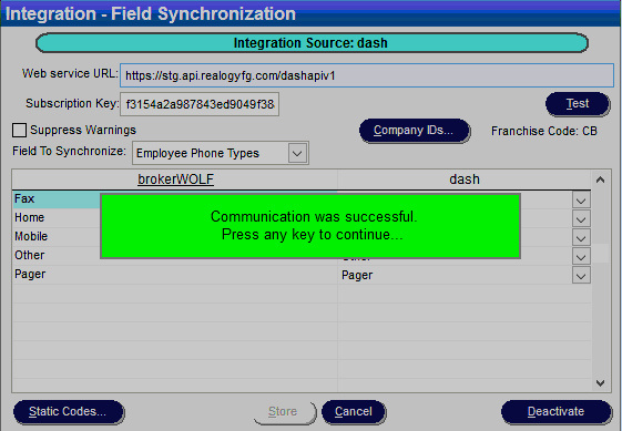 Send a test transmission to dash (Back Office)