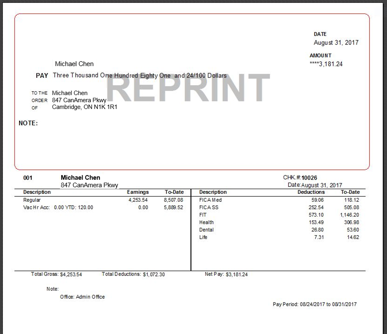 Reprint stubs for checks and Electronic Funds Transfers [EFTs] (Back ...