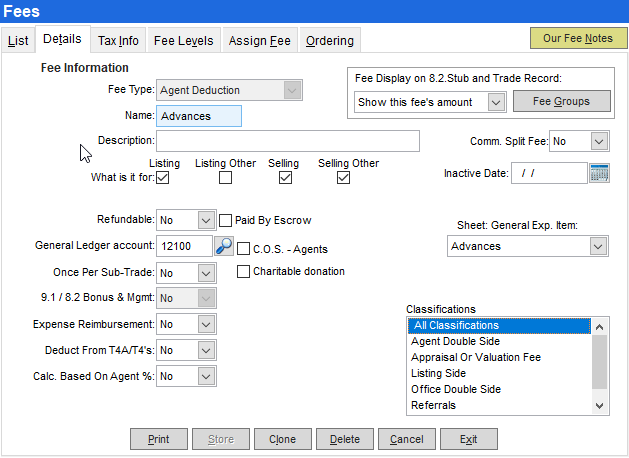 Set up a fee to recover agent advances (Back Office)