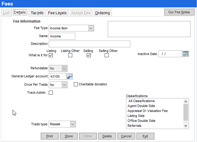 Set up income and expense fees (Back Office)