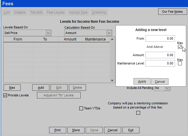 Set up income and expense fees (Back Office)