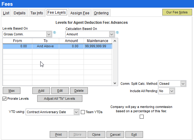 Set up a fee to recover agent advances (Back Office)