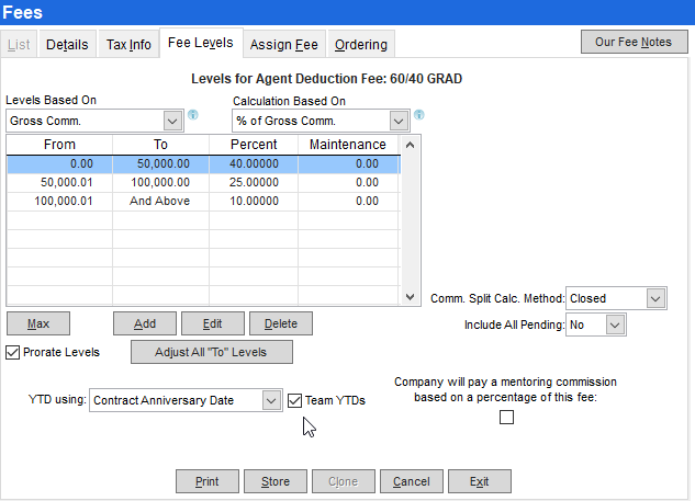 Set a team target in an agent deduction fee (Back Office)
