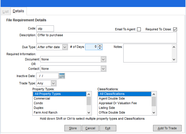 Set up file requirements for transactions (Back Office)
