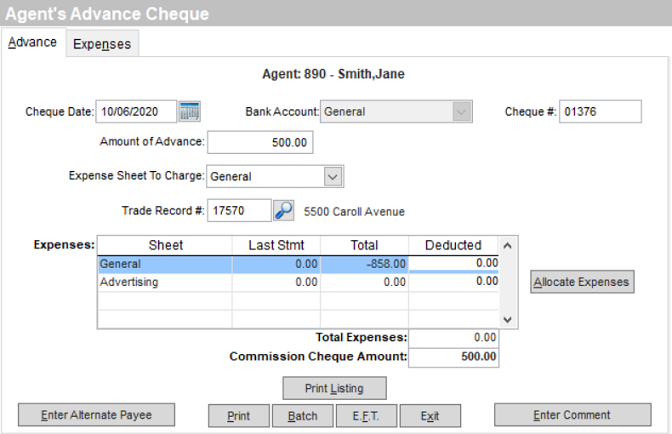 Process an agent's advance, Scenario 1: Advance is issued directly to ...