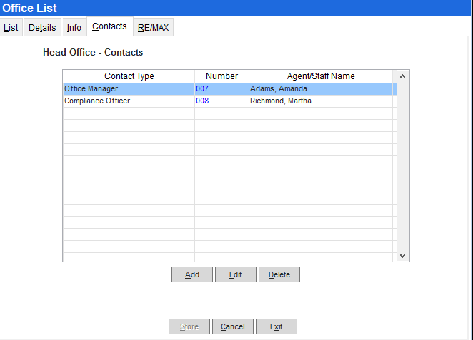 Add, edit, or delete an internal office contact (Back Office)