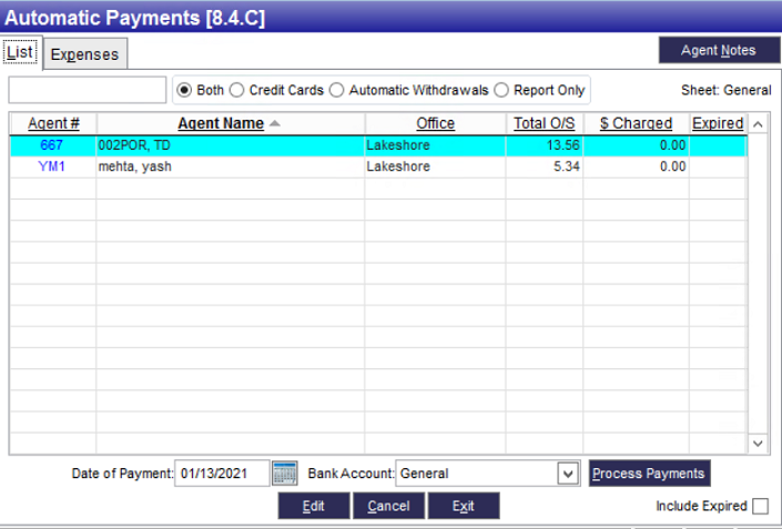 Process automatic payments from agents (Back Office)