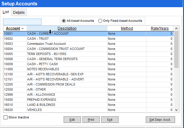 Set up asset accounts (Back Office)
