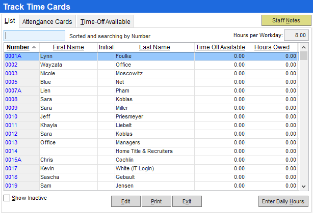 Track time cards and attendance cards (Back Office)