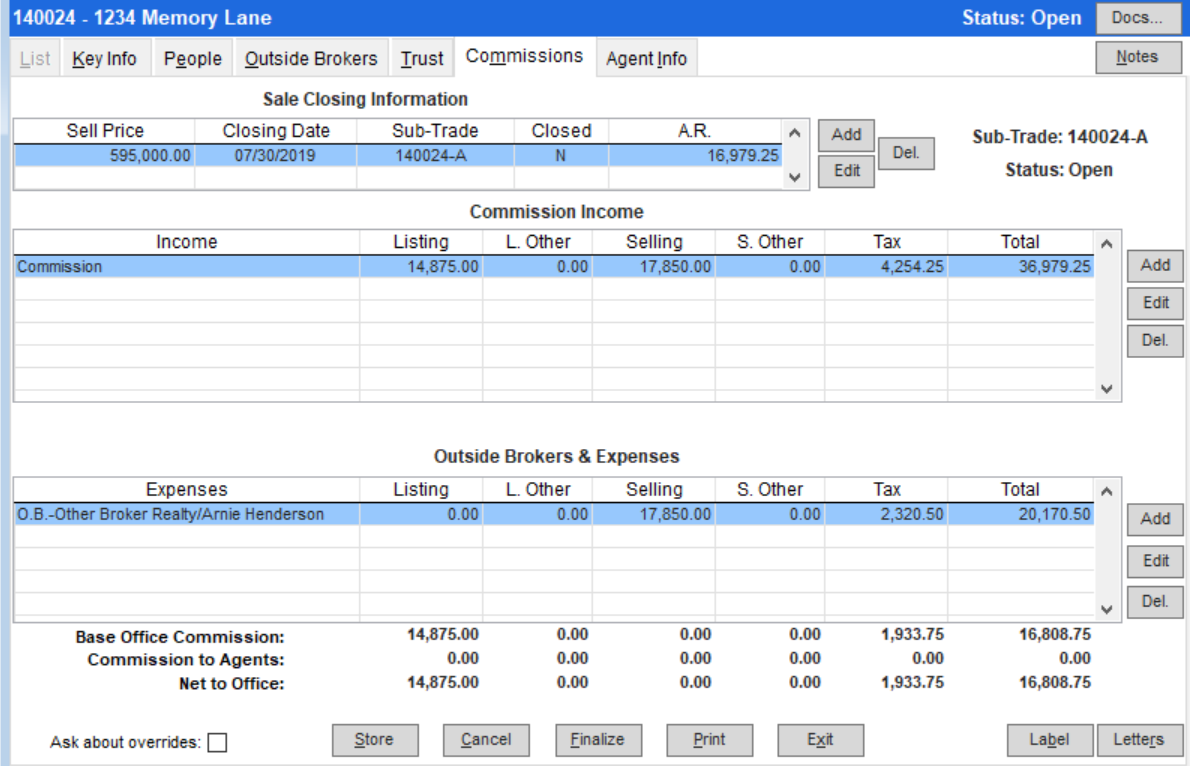 Enter commission information for a transaction (Back Office)