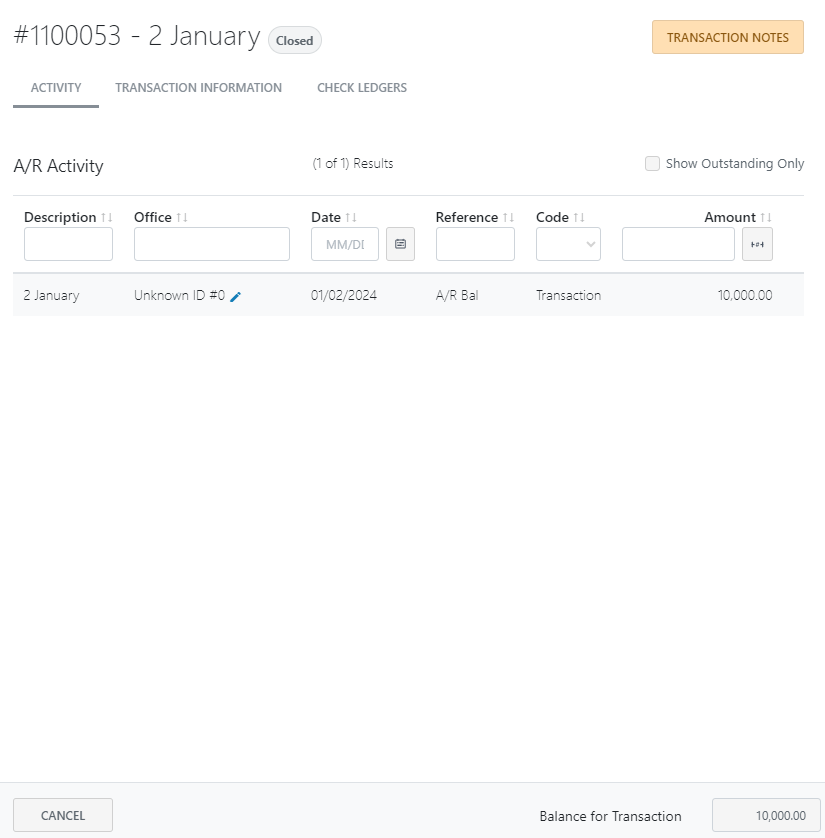 Review accounts receivable activity for a transaction (new Back Office)