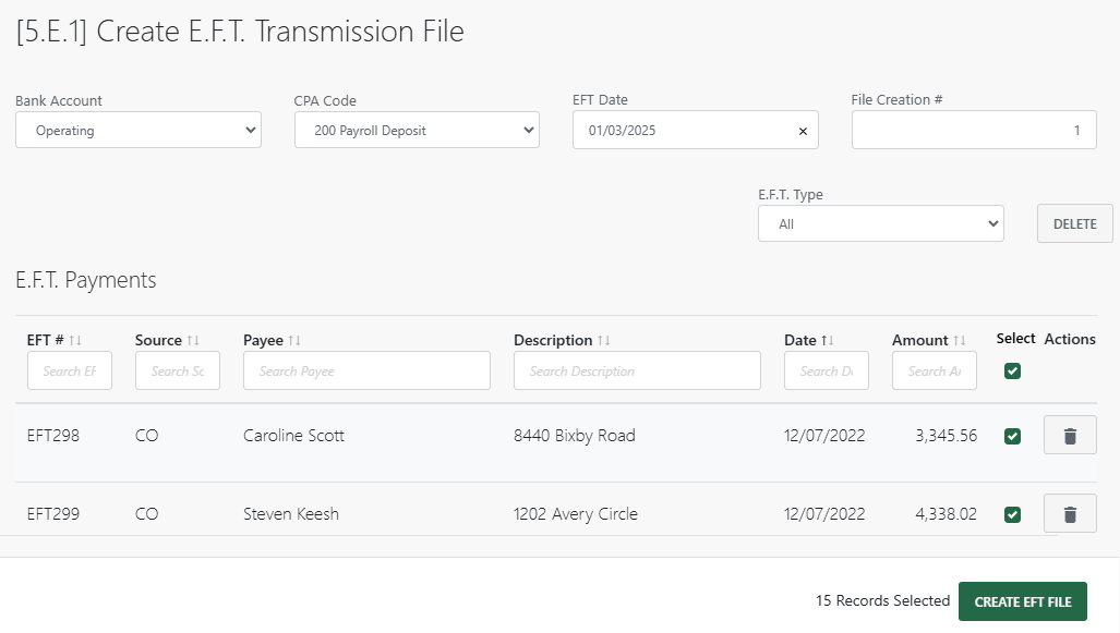 Create an electronic funds transfer File (EFT) to transmit to the bank (new Back Office)