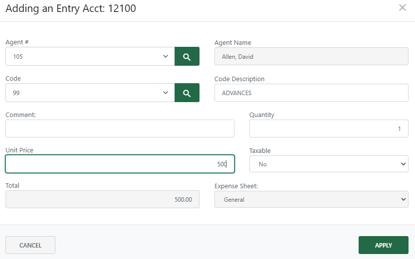 Process an agent's advance (new Back Office)
