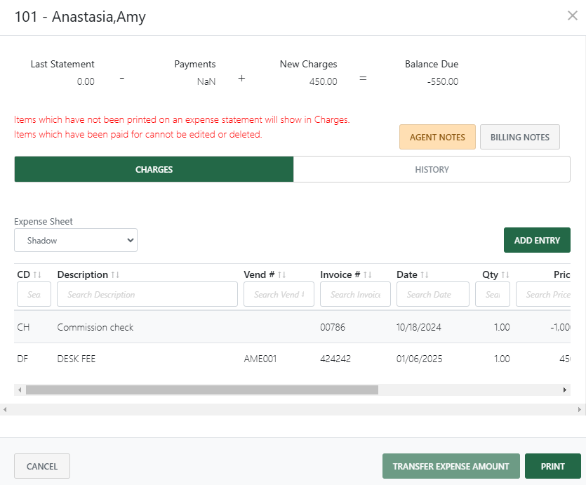 Delete an expense charge from an agent (new Back Office)