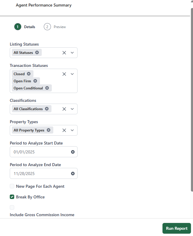 Generate an agent performance summary report (new Back Office)