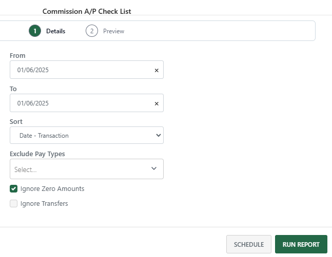 Generate a commission accounts payable check list report (new Back Office)