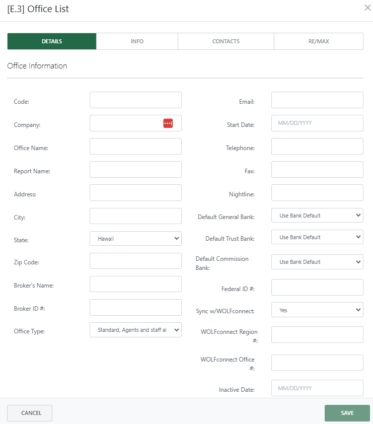 Update the list of offices (new Back Office)
