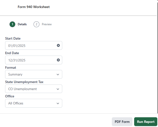 Generate a Form 940 worksheet (U.S.) (new Back Office)