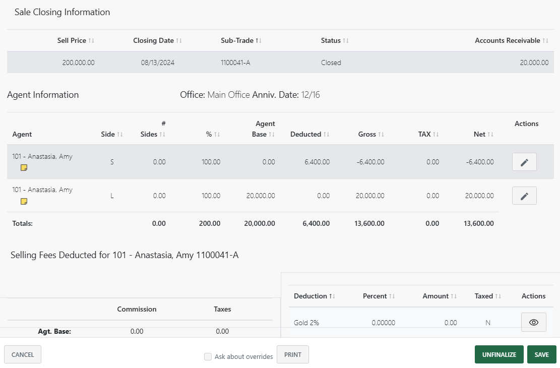 Adjust an agent's payment in a finalized transaction (new Back Office)