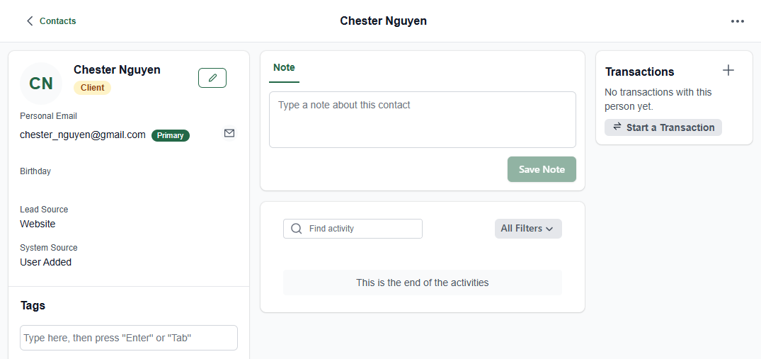 Create a transaction from a contact (Lone Wolf Foundation)