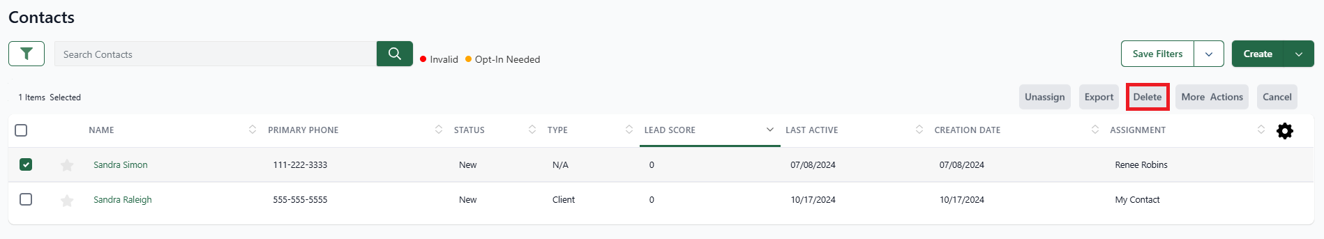 Create, import, export, filter, search, customize, and delete contacts (Front Office)