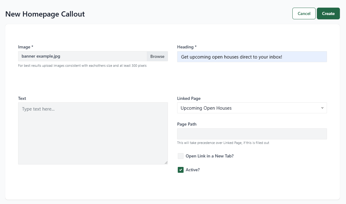 Create a homepage callout (Front Office)