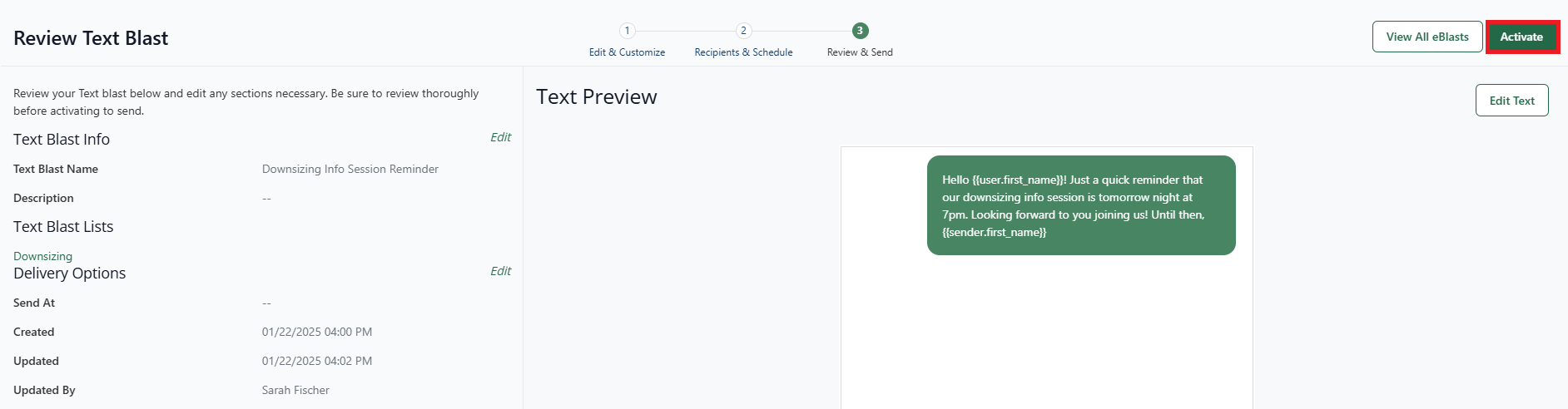 Create a text blast (Front Office)