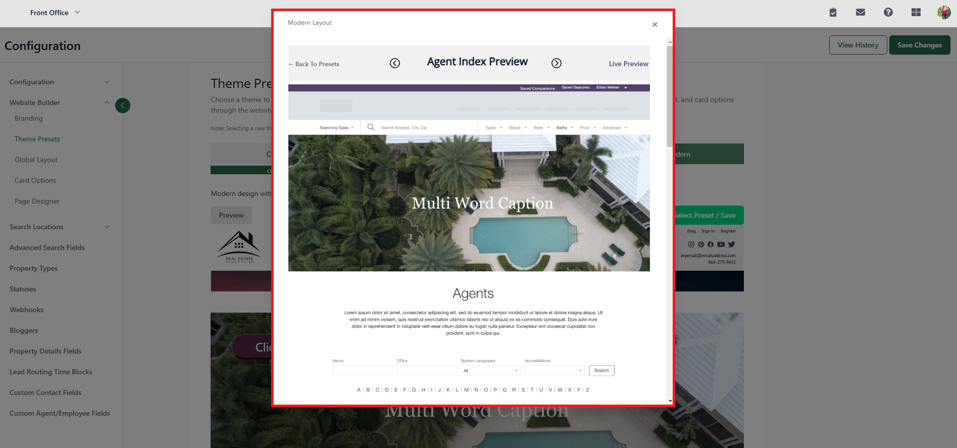 Configure global style options or select a theme preset (Front Office)