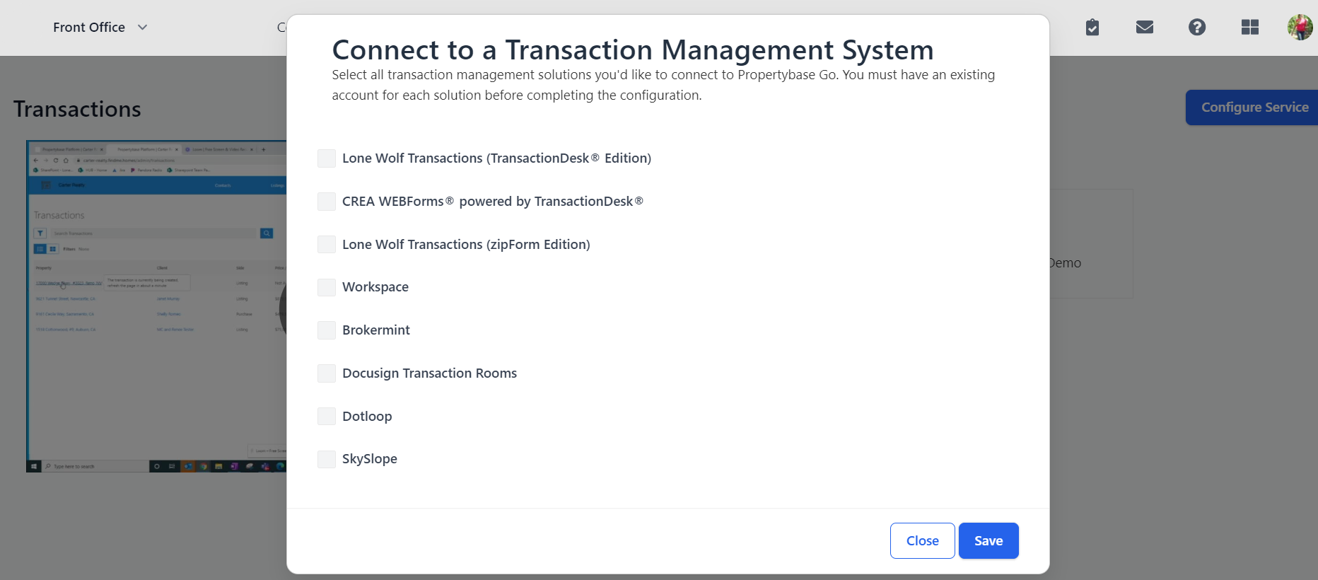 Connect a transaction service (Front Office)