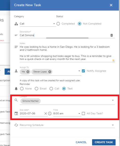 Create a task (LionDesk) Create a task (LionDesk)