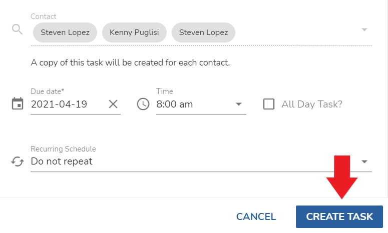 Create a task reminder for a group of contacts (LionDesk)