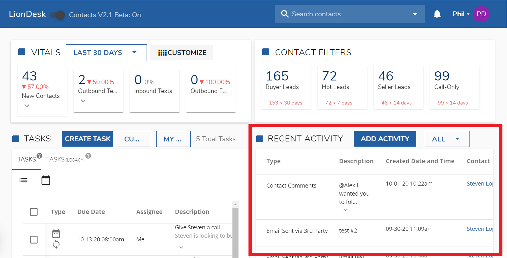 Manage your recent activity (LionDesk)