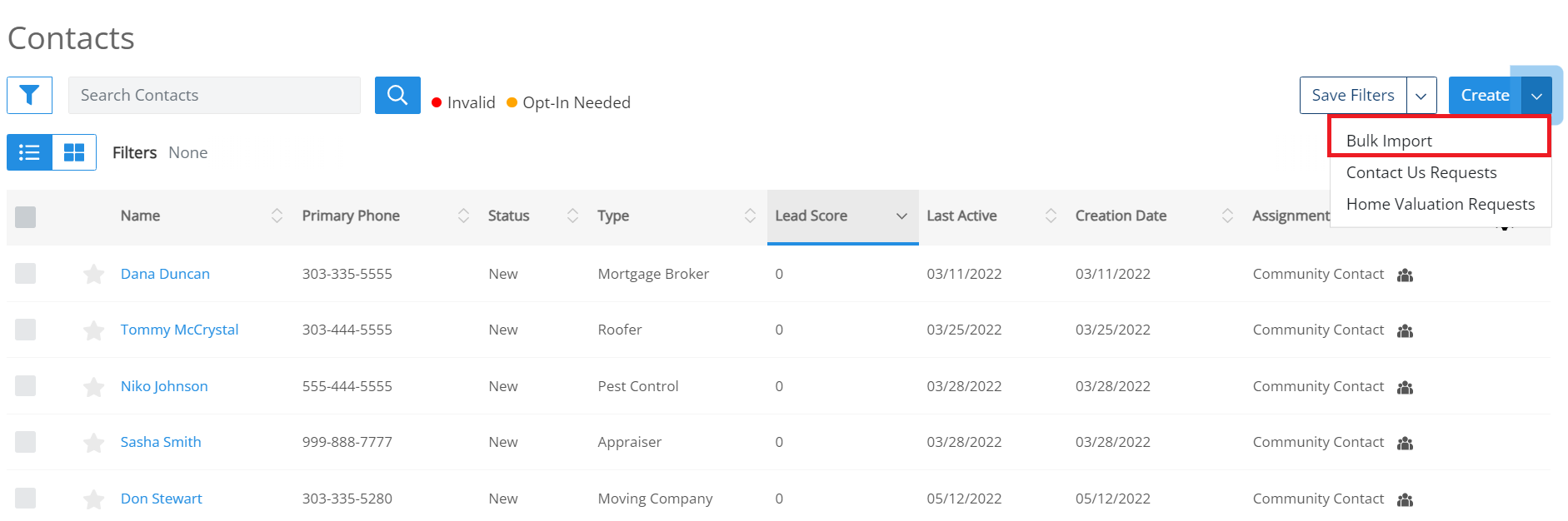 Create, import, export, search, and delete contacts (Propertybase GO)