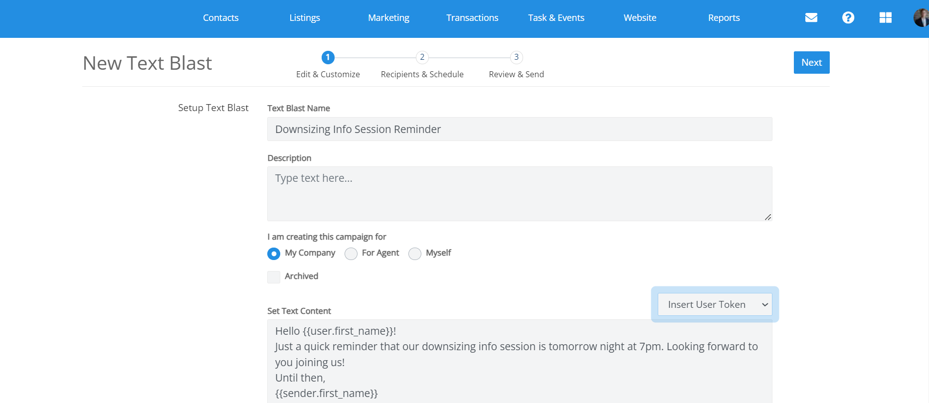 Create a text blast (Propertybase GO)