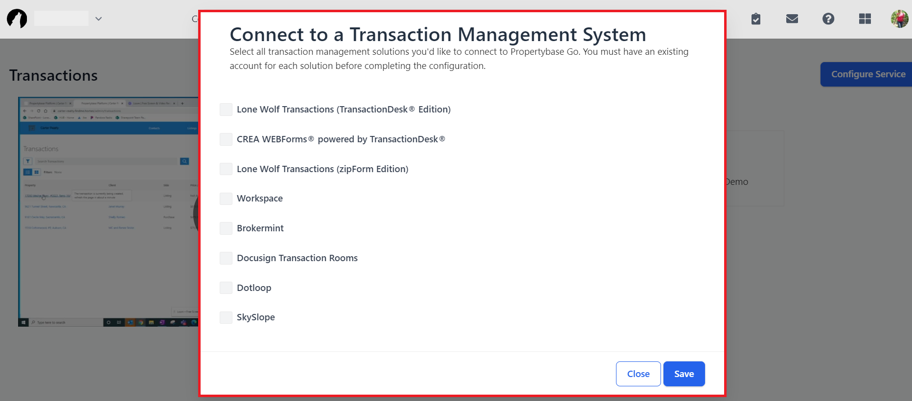 Connect a transaction service (Propertybase GO)