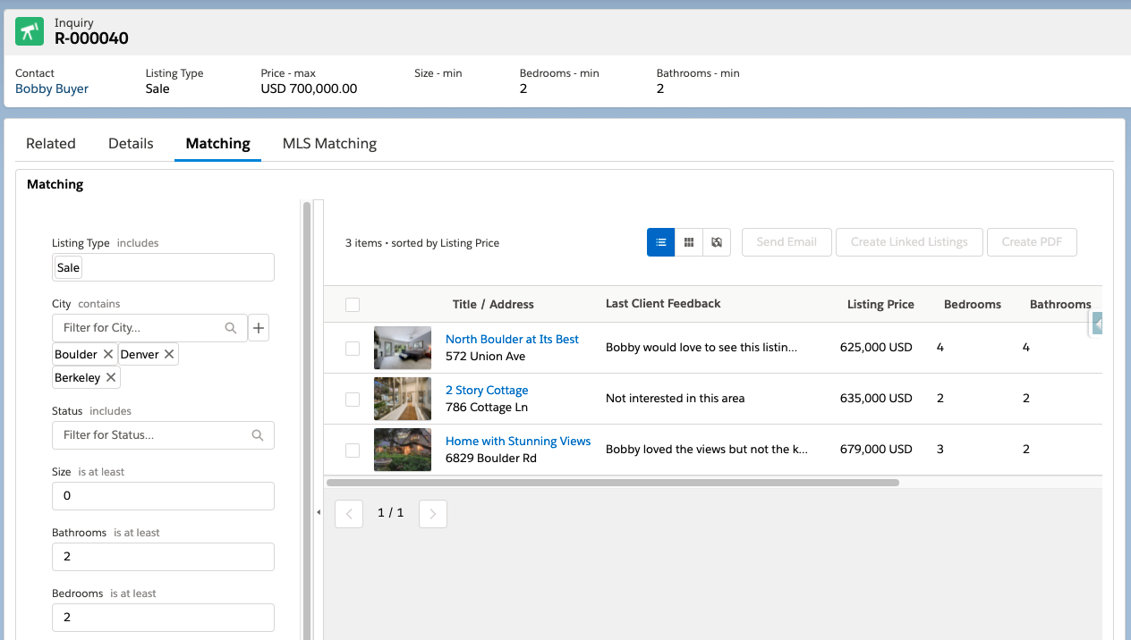 Capture client feedback on listing and inquiry matching (Propertybase Salesforce Edition)