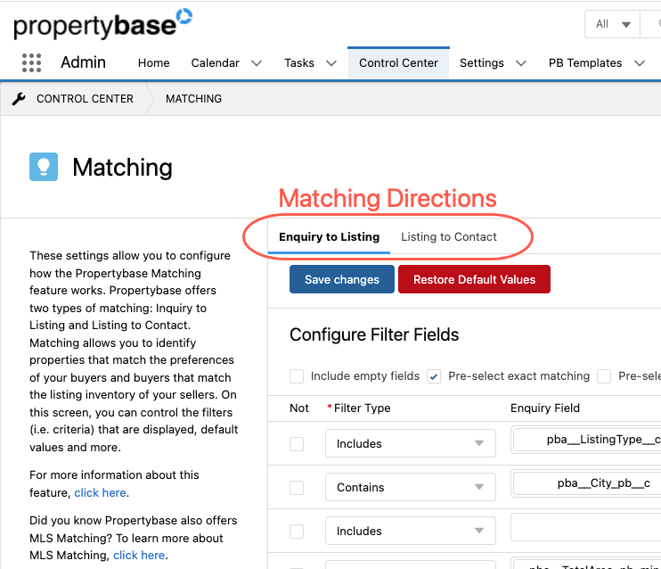 How to use matching (Propertybase Salesforce Edition)