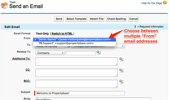 Multiple “from” email reply addresses (Propertybase Salesforce Edition)