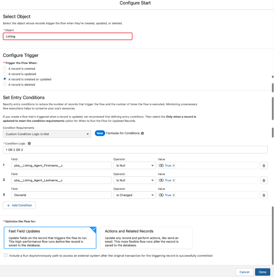 Example flow: set listing agent fields based on listing owner (basic ...