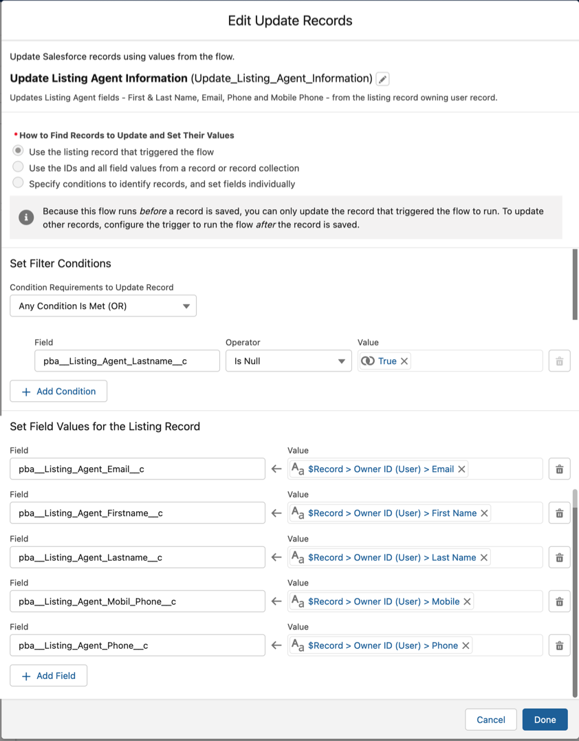 Example flow: set listing agent fields based on listing owner (basic ...