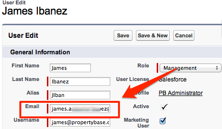 Change the email address of an existing user (Propertybase Salesforce Edition)