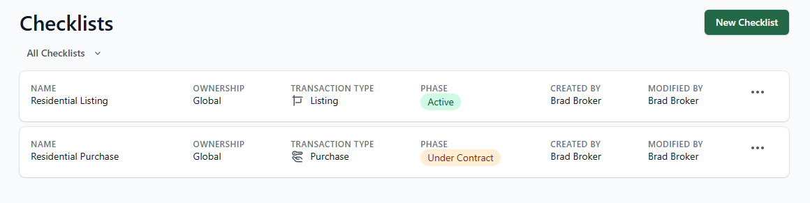 Create a checklist (Transact)