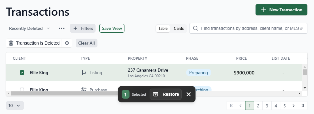 Restore a deleted transaction (Transact)