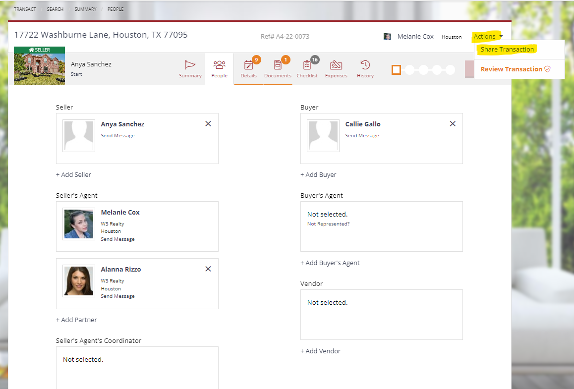Use roundtable sharing with contacts on a transaction (Workspace)