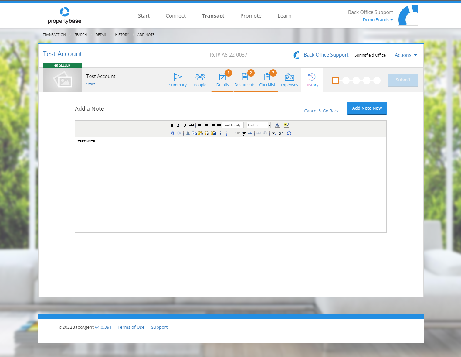Add a note to a transaction (Workspace)
