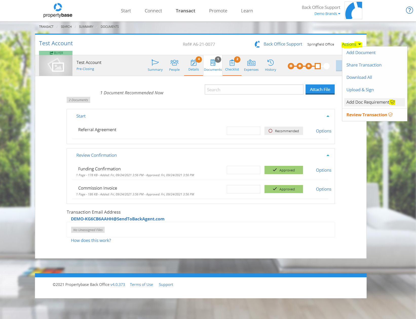 Add document requirements to an individual transaction (Workspace)