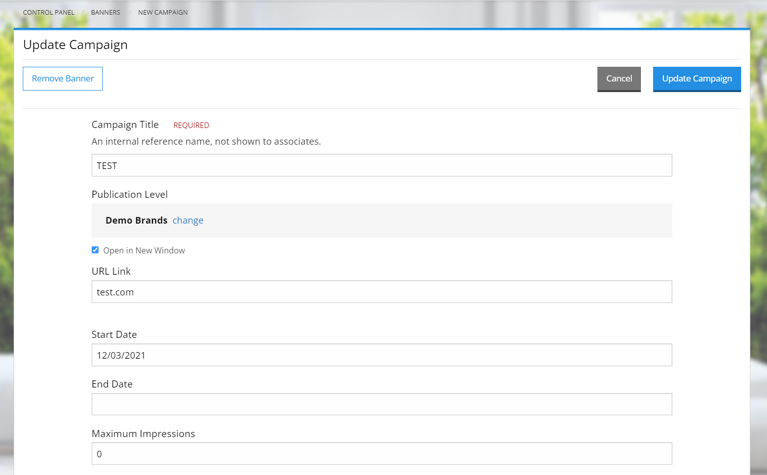 Create, edit, or remove a promotional banner (Workspace)